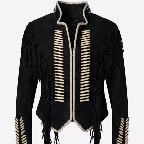 ZASTASTUDIO Warrior Suede Leather Jacket With Beads & Fringes - Black