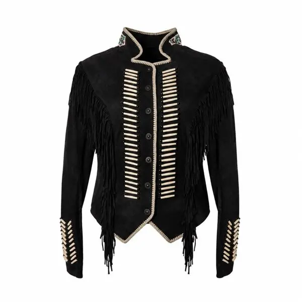 ZASTASTUDIO Warrior Suede Leather Jacket With Beads & Fringes - Black