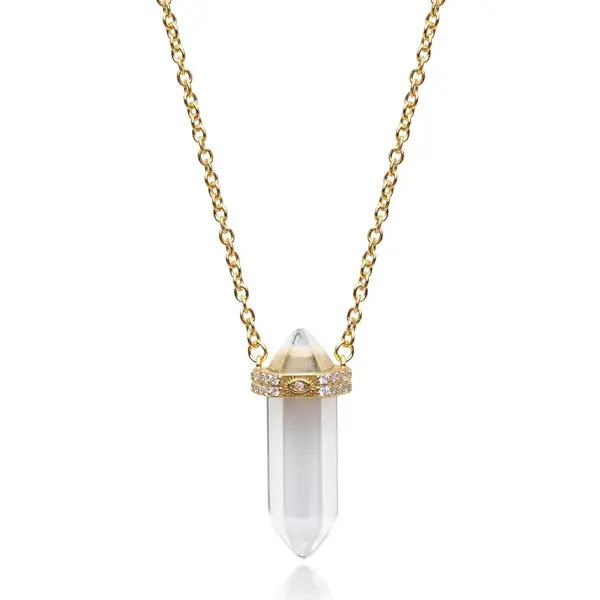 NIALAYA JEWELRY Clear Quartz Crystal Necklace With Evil Eye - Gold