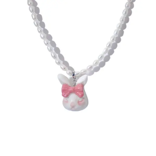 H2 STUDIO Porcelain Bunny Pendant Necklace With Freshwater Pearls - Red/pink