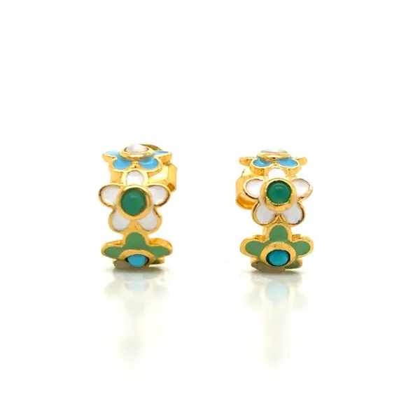 GEM BAZAAR JEWELLERY Huggie Hoops With Enamel Flowers And Gemstones - Green/blue/white