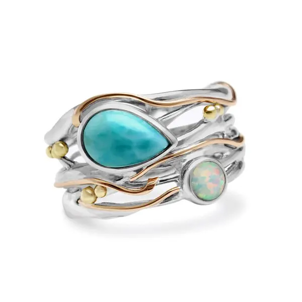ISLA SILVER Teardrop Larimar & White Fire Opal Statement Ring - Gold/blue/silver