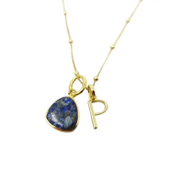 HARFI Gold Vermeil Plated Lapis Lazuli Initial Pendant Necklace - Blue/gold