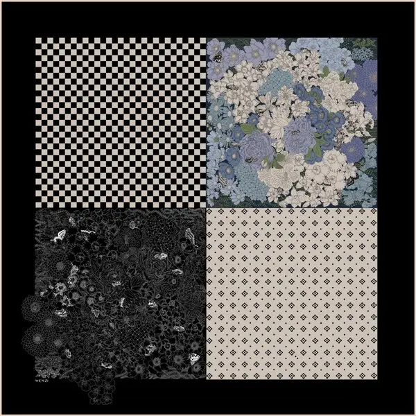 WENZI Black / Blue / Grey Patchwork Of Dreams Hand Painted Pattern Double Sided Silk Twill Scarf - Black/blue/grey