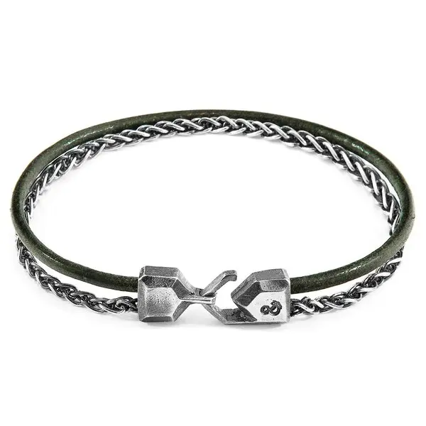 ANCHOR & CREW Racing Staysail Mast Silver & Round Leather Bracelet - Green