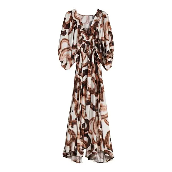 TANTRA SPAIN SL Printed Maxi Dress With Puffed Sleeves And Ruffled V-neck - Brown