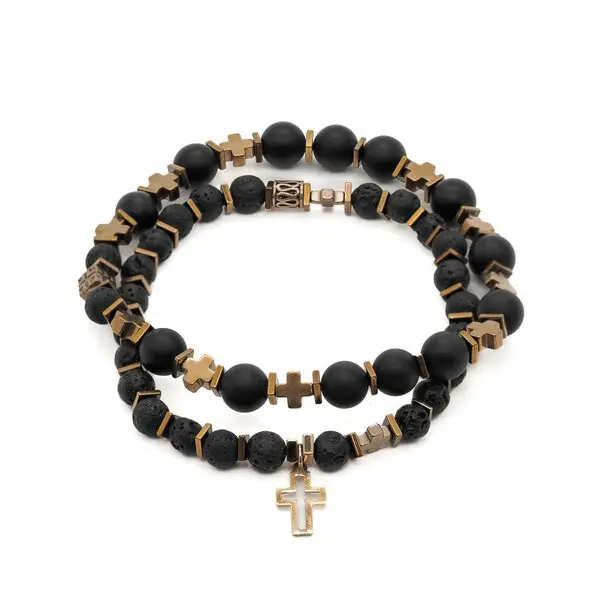 EBRU JEWELRY Beaded Bracelet Set With Cross Charm - Black/gold