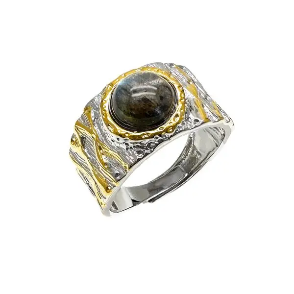 FARRA Obsidian Stone Platinum Plated Brass Ring - Black