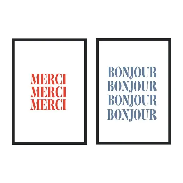 FANCLUB Blue / Red Bonjour And Merci French Giclée Art Print Set In A2 - Blue/red