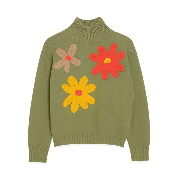 YUMI Knitted High Neck Jumper With Applique Flowers - Green