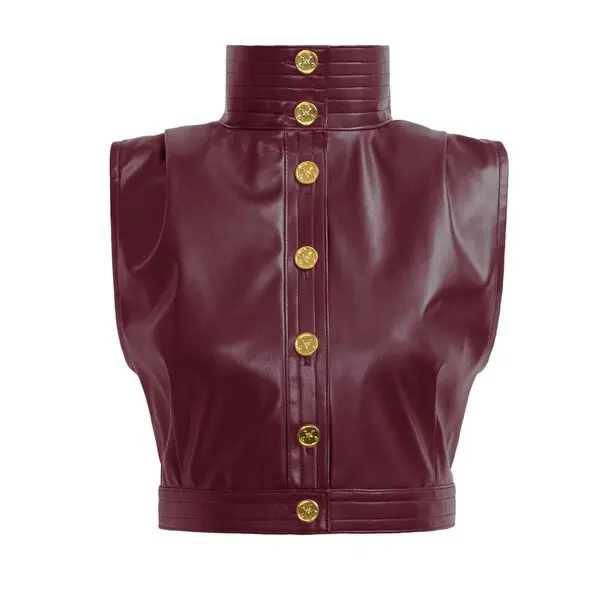 KARGEDE Leather Vest With High Neck And Gold-tone Button Closure