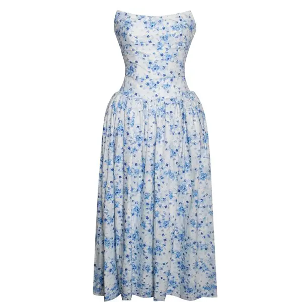 MISS CIRCLE NEW YORK Paloma Print Linen Corset Draping Top Midi Dress