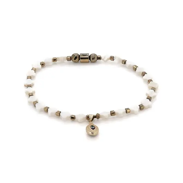 EBRU JEWELRY White Clover Pearl Beaded Anklet With Gold Evil Eye Charm - White/gold
