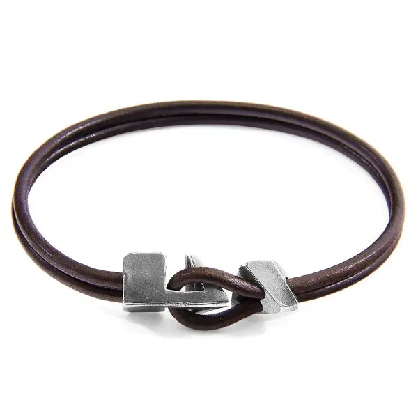 ANCHOR & CREW Brixham Leather Bracelet With Sterling Silver Clasp - Silver/brown