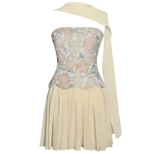 MISS CIRCLE NEW YORK Beaded Floral Mini Chiffon Dress With Scarf - Yellow