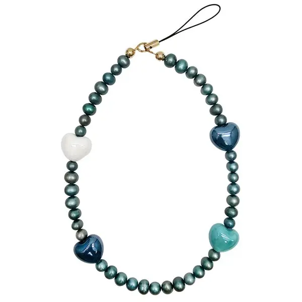 FARRA Freshwater Pearls With Hearts Phone Strap - Green