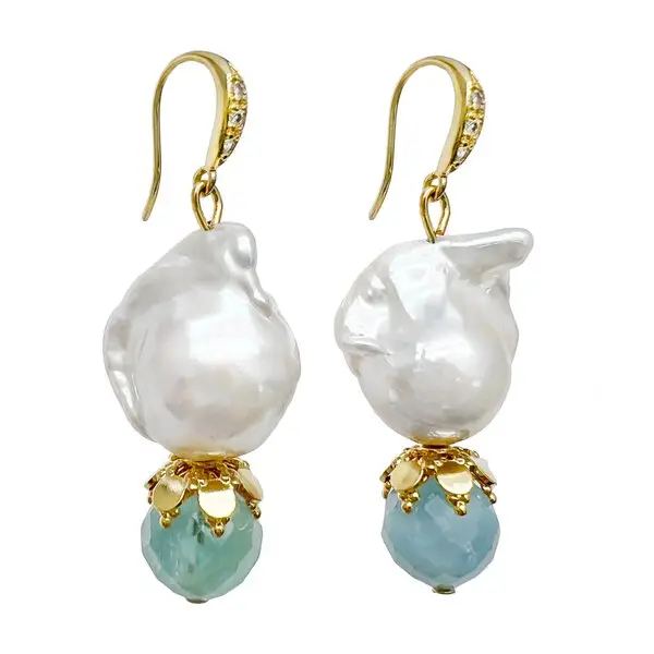 FARRA Baroque Pearl And Aquamarine Dangle Earrings - White
