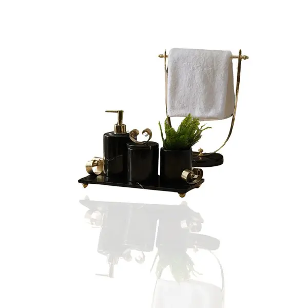 MARLETH Gold / Black Five-pieces Black Marble Bathroom Set With Brass Towel Holder Set