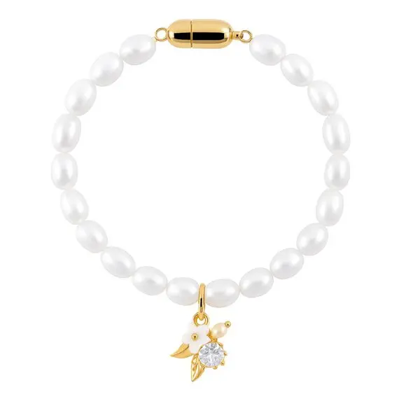 MY LITTLE NATURE Freshwater Pearl Bracelet With Flower Charm - White/gold