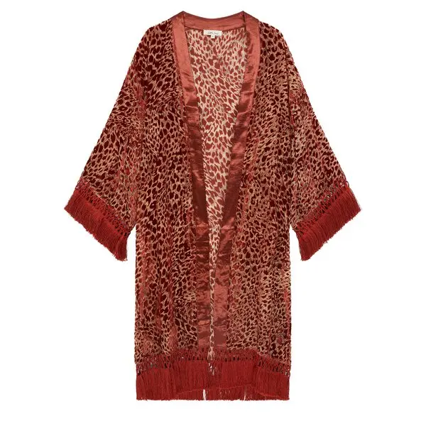 LITTLE LIES Devore Kimono With Fringe - Brown/red/orange