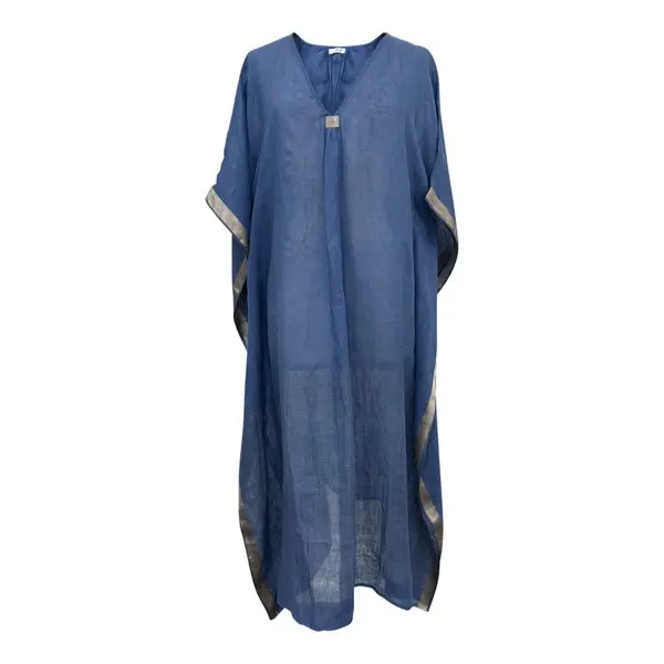 JOSHI V-neck Linen Kaftan With Metallic Border - Blue