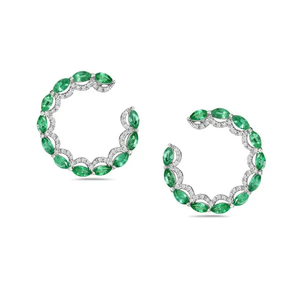 ARTISAN Emerald And Diamond Hoop Earrings In 18k White Gold - White/green
