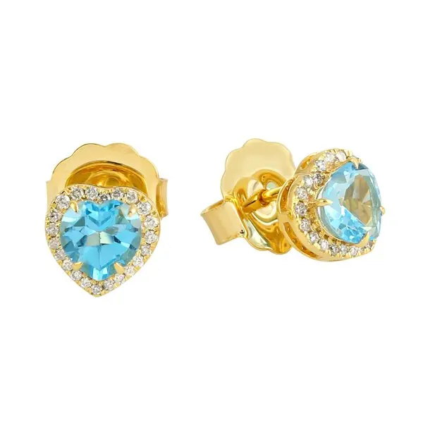 ARTISAN White / Gold / Blue Blue Topaz Heart Diamond Halo Stud Earrings In 14k Yellow Gold - White/gold/blue