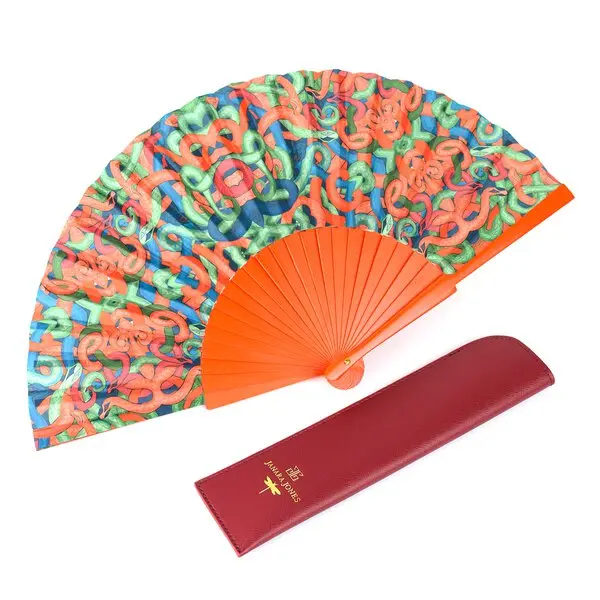 JANARA JONES Snakes Hand Fan With Leather Case - Orange