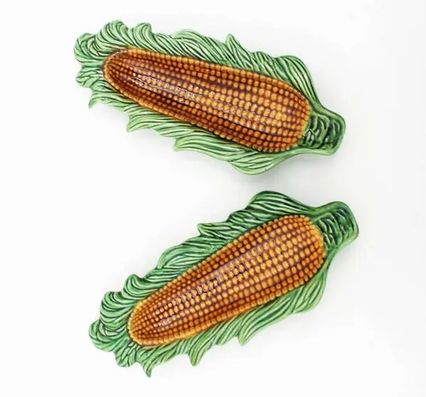 CLUB CARLOTTA TABLEWARE Pair Of Midcentury Glazed Ceramic Corn On The Cob Dishes - Yellow