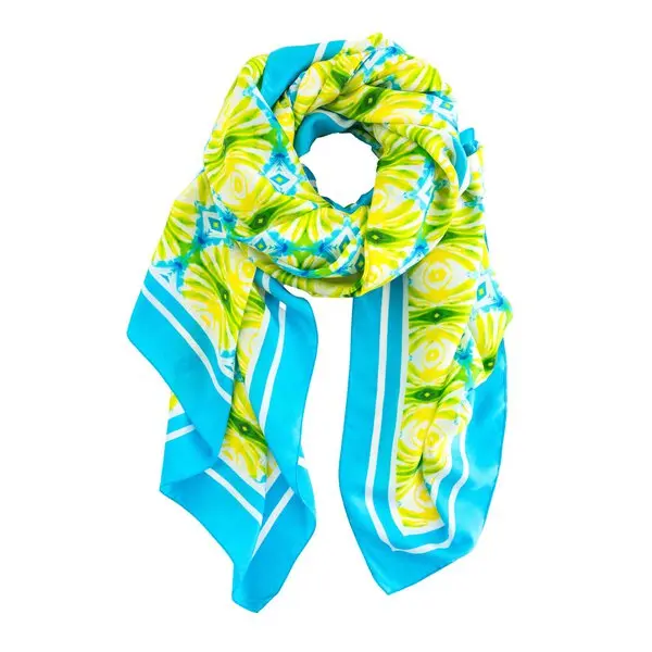 EVELYN & KATE Blue / Yellow Elegant All Silk Scarf, Georgia‘s Palm Pattern - Blue/yellow