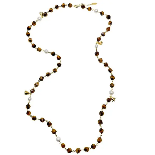 FARRA Tiger Eye And Freshwater Pearls Station Necklace - Brown