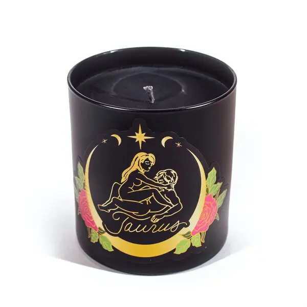 BLACK CAKE Astrology Zodiac Horoscope Sign Candle Taurus Light Sugar Rose Petal Fragrance - Black/orange