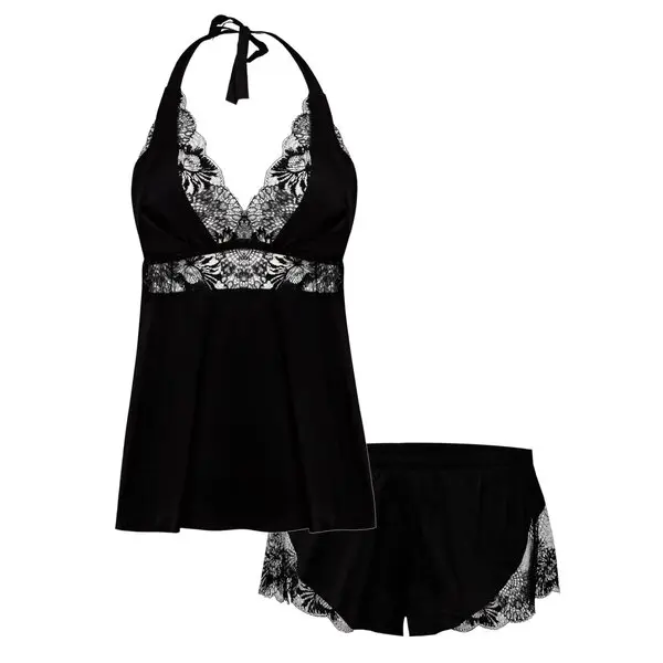 OH!ZUZA NIGHT&DAY Satin Pajama Set With Lace - Black