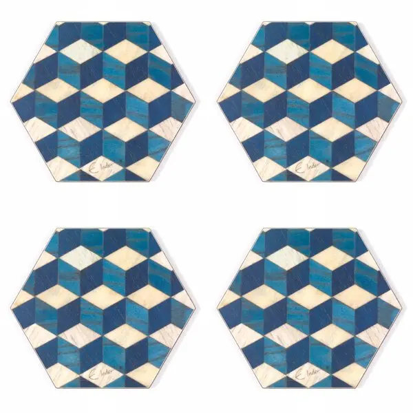 E. INDER DESIGNS Blue / White Four Coaster Set In Blue And White Geometric Pattern. Heat Proof Melamine - Blue/white