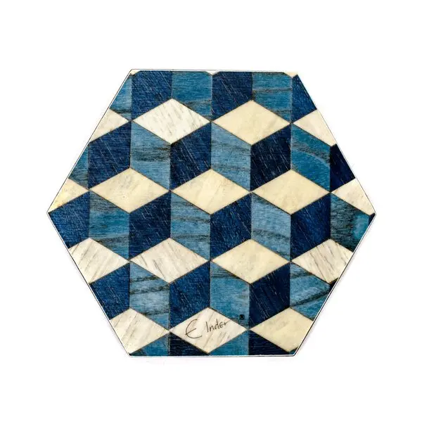 E. INDER DESIGNS Blue / White Six Coaster Set In Blue And White Geometric Pattern. Heat Proof Melamine