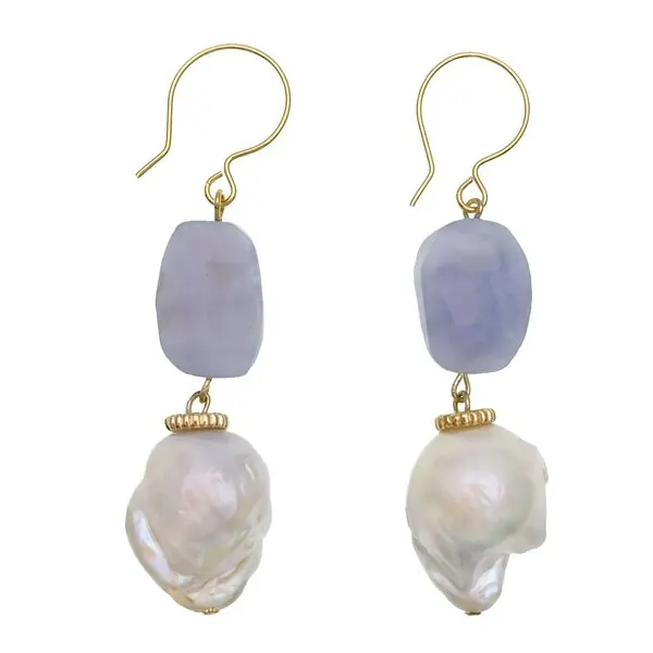 FARRA Lace Agate And Baroque Pearl Hook Earrings - Blue