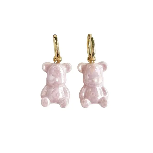 POPORCELAIN Teddy Bear Drop Earrings - Gold/pink