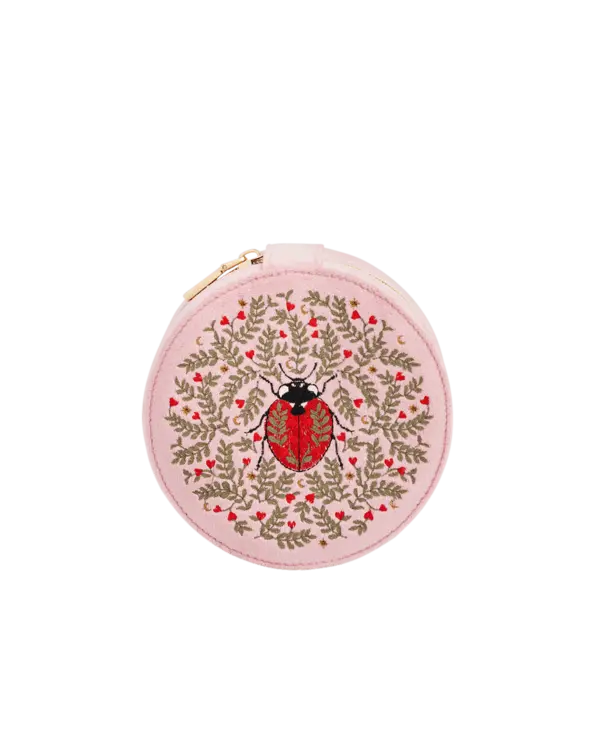 FABLE ENGLAND Ladybird Velvet Embroidered Circle Jewellery Box - Pink