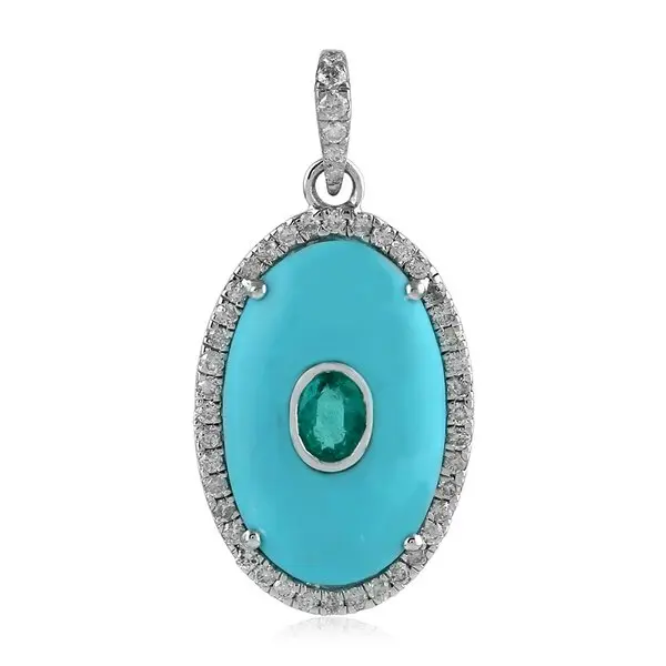 ARTISAN 18k White Gold Turquoise, Emerald And Diamond Pendant - Blue/white