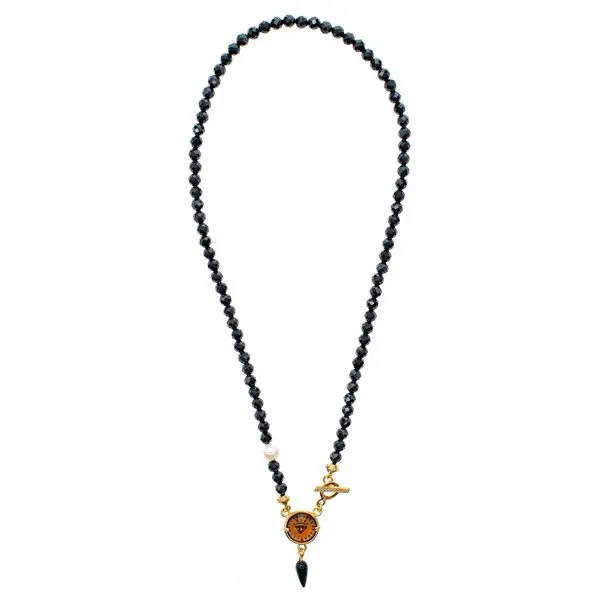 GEM KINGDOM Black Spinel Necklace With Diamond Medallion - Black/gold