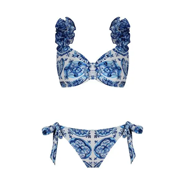 NUR KARAATA Lily Bleu Blanc Low Waist Bikini Set - Blue