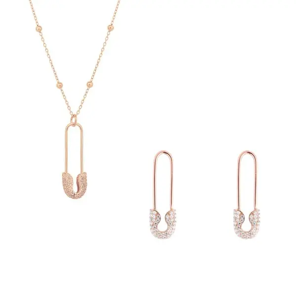 SPERO LONDON Sterling Silver Safety Pin Necklace And Earring Set - Rose Gold