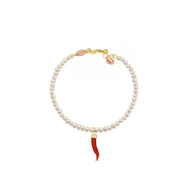 UNALOE Gold Vermeil Baroque Pearl Cornicello Charm Bracelet - White/gold/red