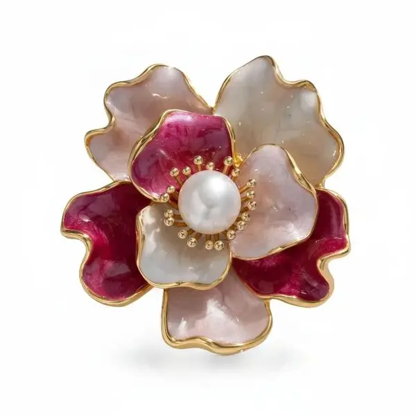 ANGEL BAROCCO Enamel Peony Freshwater Pearl Brooch - Pink