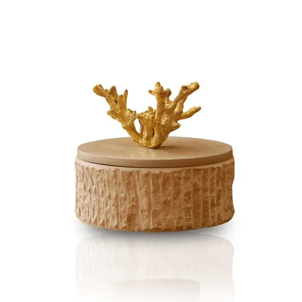 MARLETH Travertine Storage Box With Brass Coral Handle - Gold