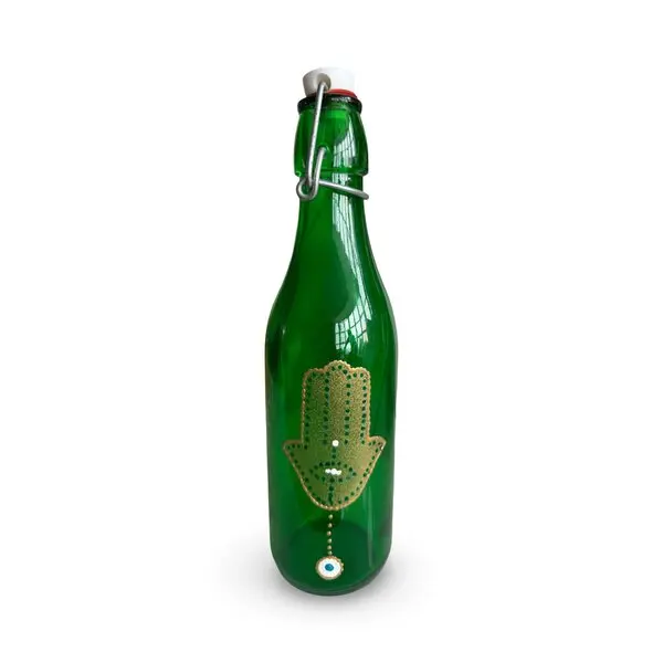 CASA DUNIYA Hand-painted Hamsa Evil Eye Artisan Swing-top Water Bottle – Vibrant - Green