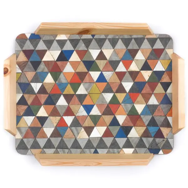 E. INDER DESIGNS Large Tray In Mosaic Harlequin Design With Solid Wooden Handles. Melamine Surface. Made Individually In The Cotswolds