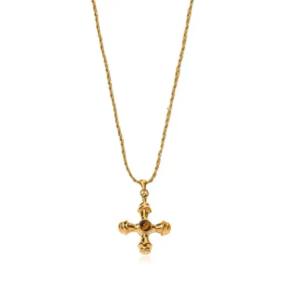 VIEA Chiara Tiger Eye Stone Cross Pendant Necklace - Gold/brown