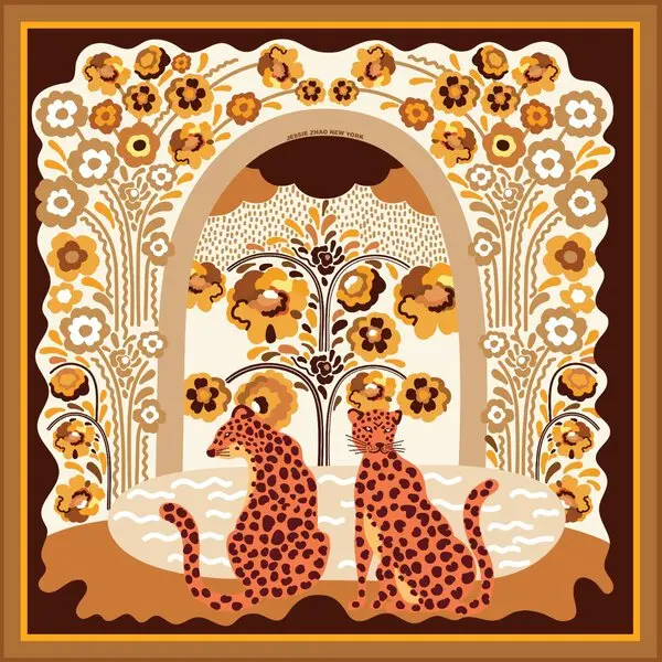 JESSIE ZHAO NEW YORK Double Sided Silk Scarf Of Leopards With Floral Fountain - Brown