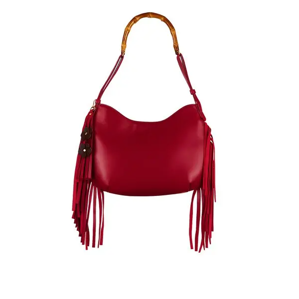 F3ROG BY RANA Gordon Hobo Bag With Fringe And Bamboo Handle - Red
